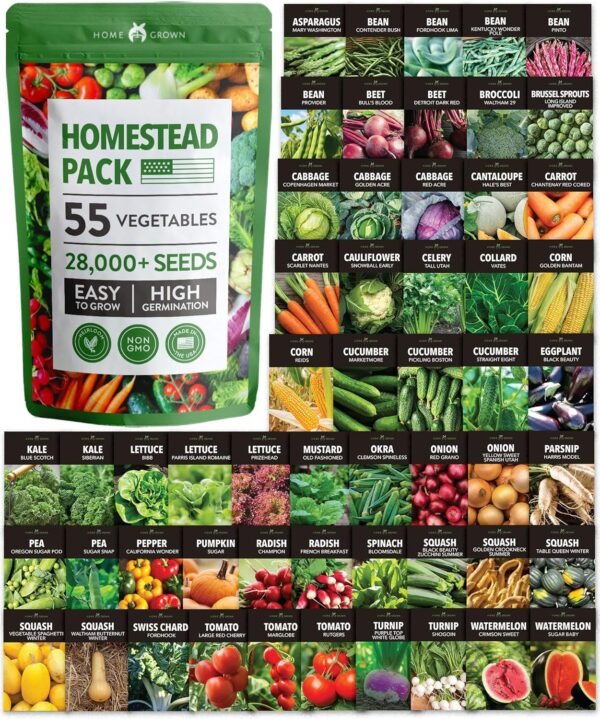 HOME GROWN 55 Vegetable Seeds Pack – Non-GMO Heirloom Survival Seed ...